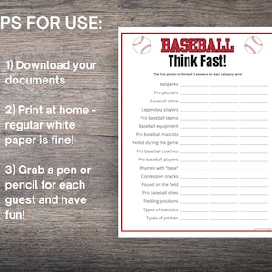 Baseball Think Fast Game, Baseball Party Printable Game, Baseball ...