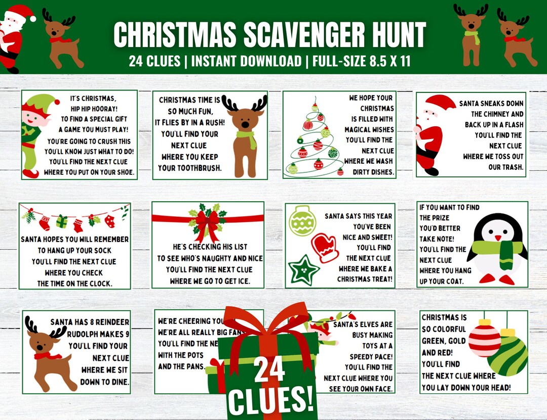 Christmas Scavenger Hunt: 24 Holiday Clues for Kids (instant Download ...