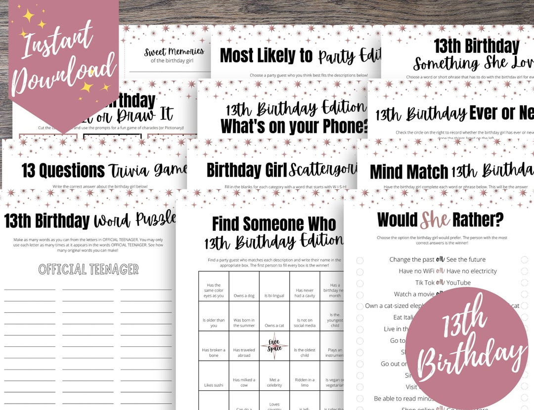 13th Birthday Party Games Bundle for Her, 13th Birthday Games for Girl ...