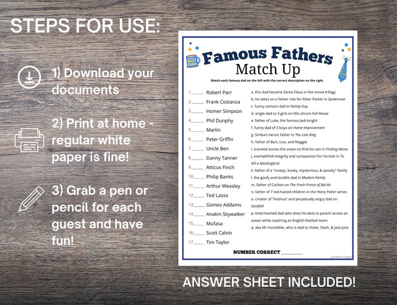 Father's Day Trivia Game: Famous Dads Matching Quiz (printable PDF) - Etsy