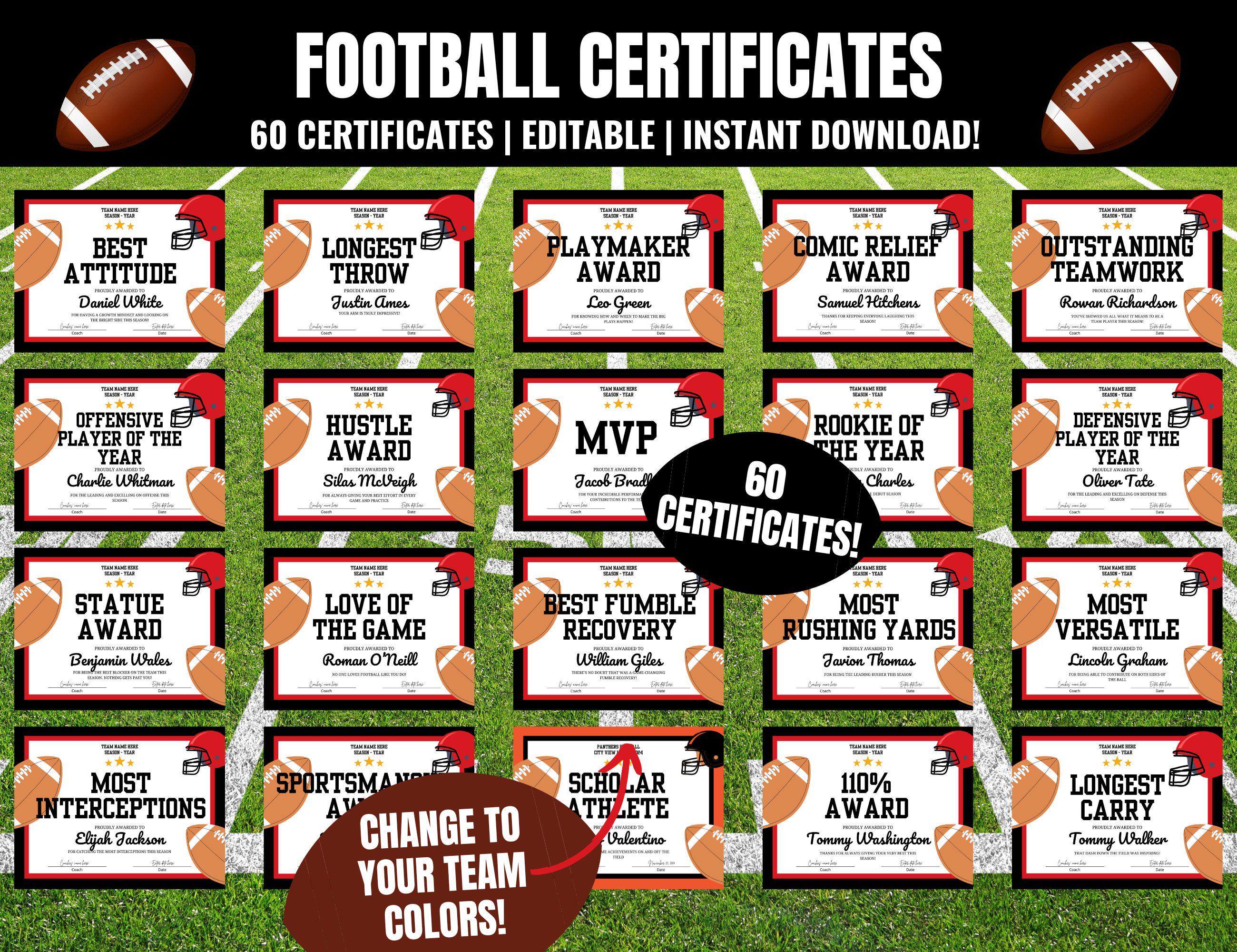Editable Football Award Certificates: Team Party, End of Season ...