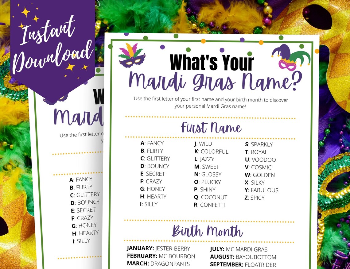 What's Your Mardi Gras Name Game Printable Funny Mardi - Etsy