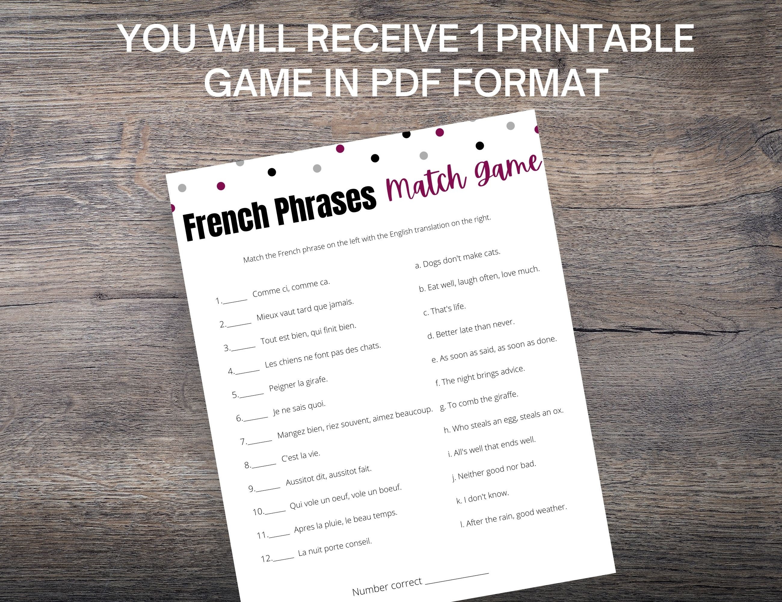 Paris Party French Phrases Match Game for Teen Girl Birthday - Etsy