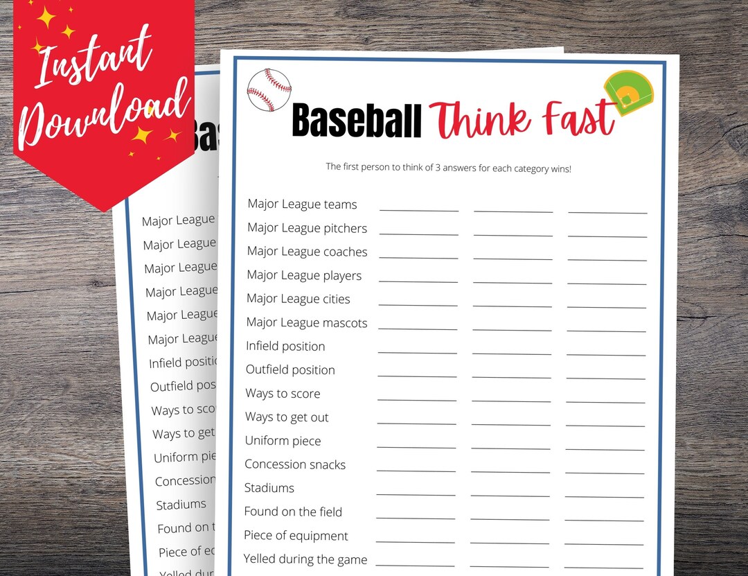 Baseball Think Fast Game, Baseball Party Printable Game, Baseball ...
