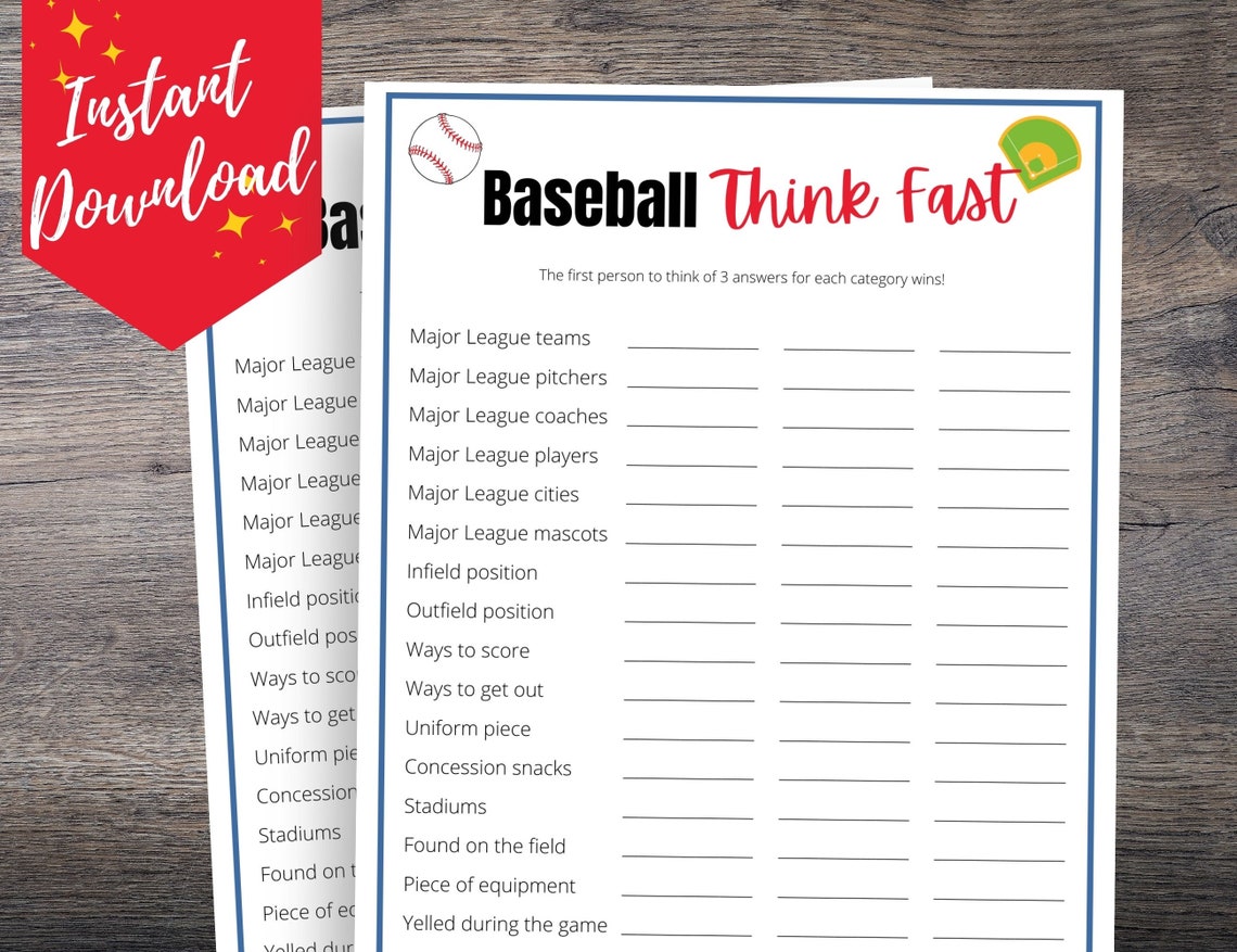 Baseball Think Fast Game Baseball Party Printable Game - Etsy