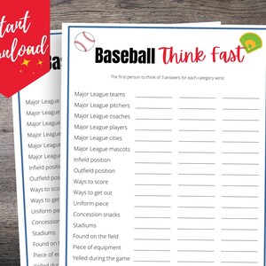 Baseball Think Fast Game, Baseball Party Printable Game, Baseball ...