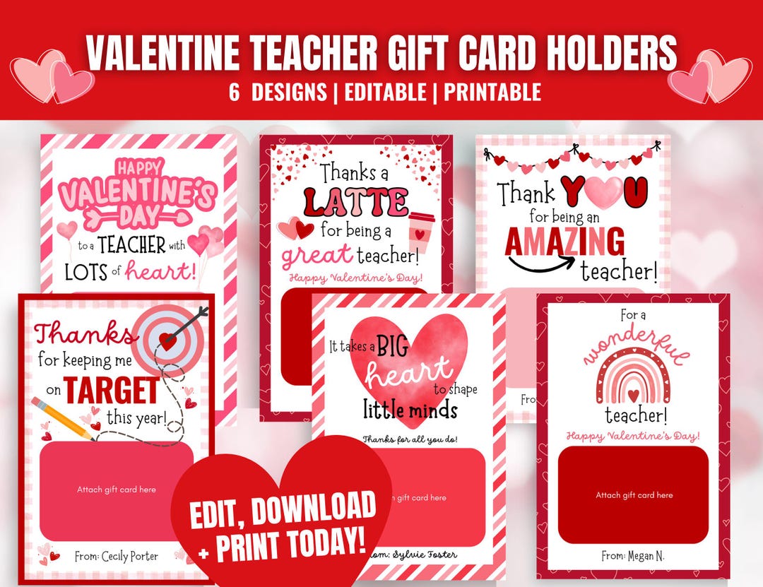 Valentine Teacher Gift Card Holders, Editable, Printable (instant ...