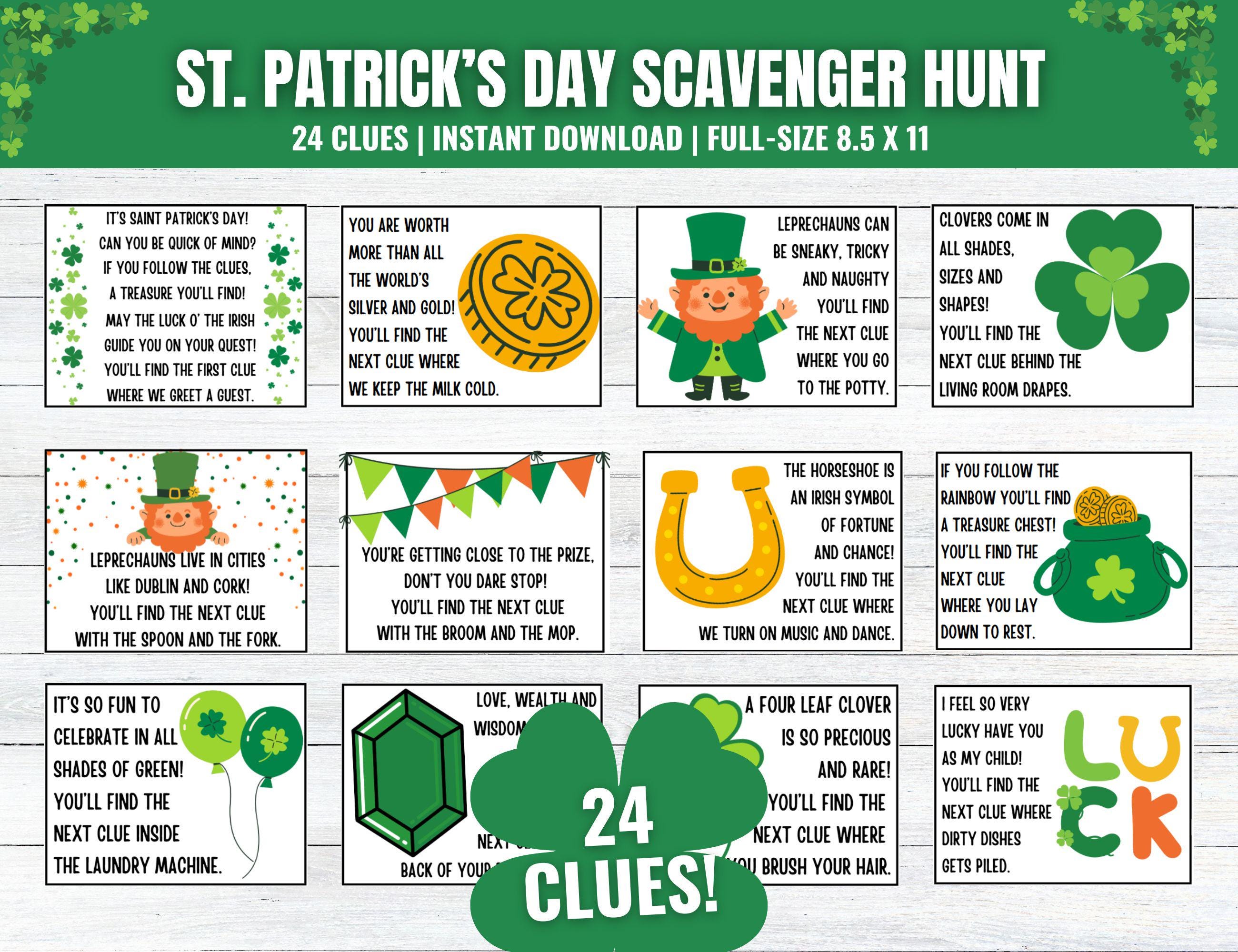St. Patrick's Day Scavenger Hunt: 24 Clue Treasure Hunt for Kids ...