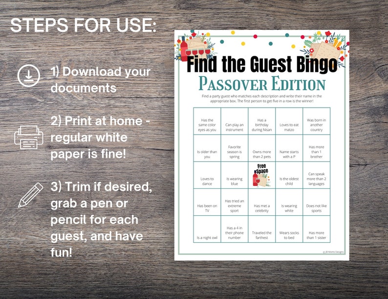 Passover Find the Guest Bingo Game Passover Human Bingo Group - Etsy
