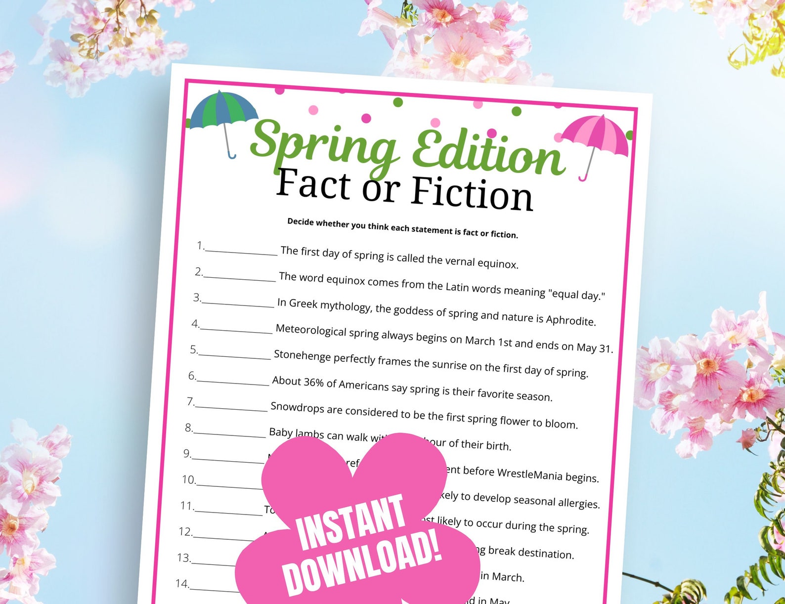 Spring Fact or Fiction Trivia Game, Fun Spring Quiz for Adults, Seniors ...