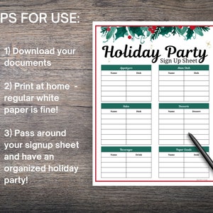 Holiday Party Potluck Sign up Sheet, Holiday Party Signup Sheet ...
