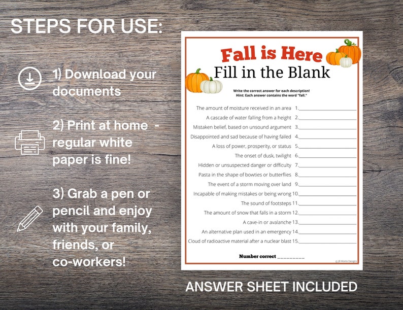 Fall Fill-in-the-blank Game: Printable Autumn Activity (PDF Download ...