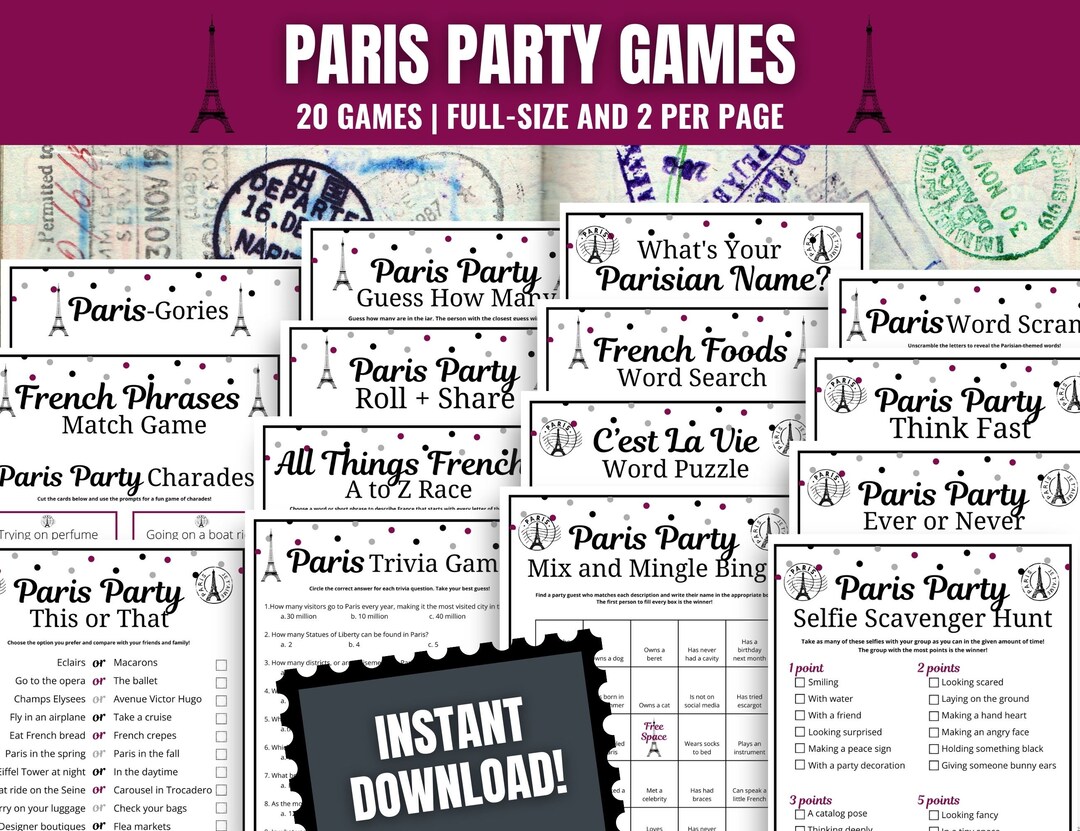Paris Party Games: 20 Game Printable Activities Bundle (digital ...