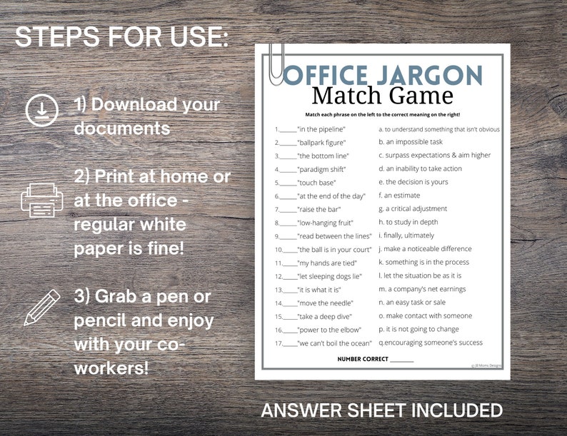 Office Jargon Matching Game: Work Party Team Building (printable PDF ...