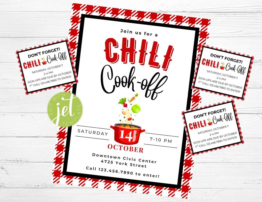 Editable Chili Cook-off Flyer: Contest Sign and Reminder Cards (digital ...
