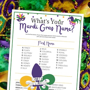 What's Your Mardi Gras Name Game Printable, Funny Mardi Gras Game, Easy ...