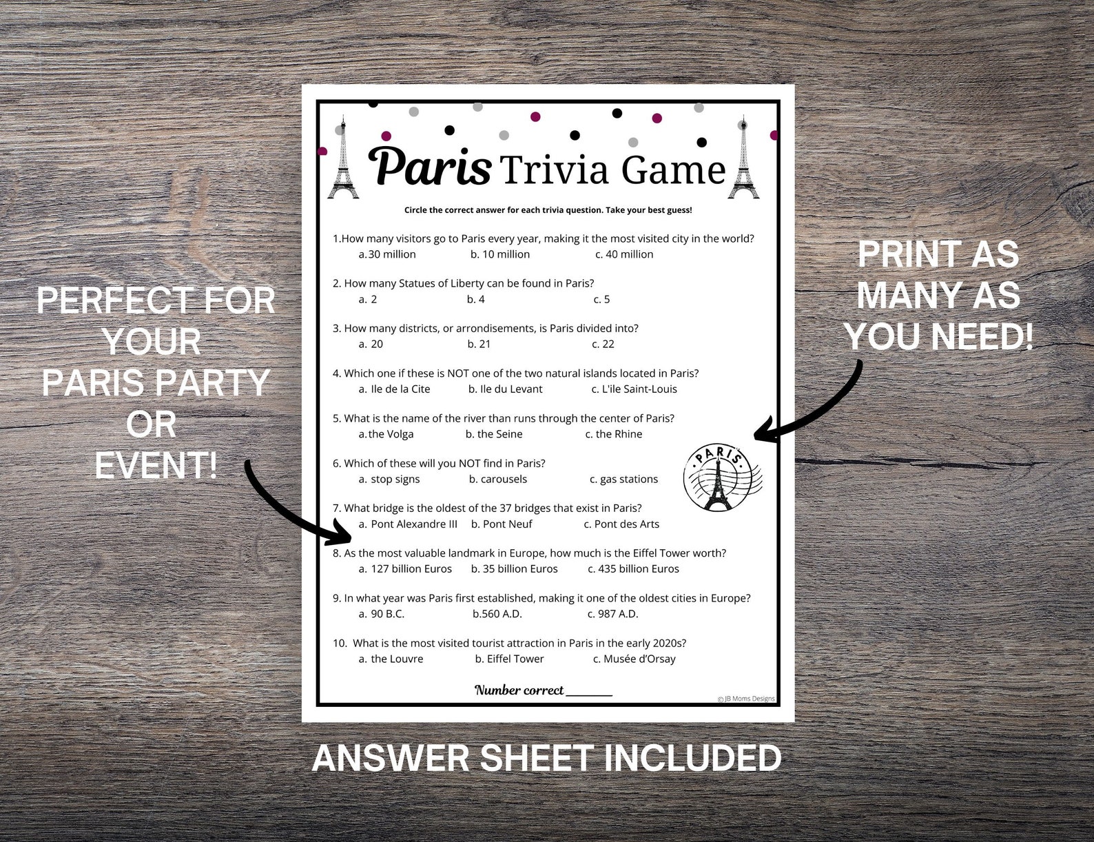 Paris Trivia Game: Fun French Party Quiz (digital Download) - Etsy