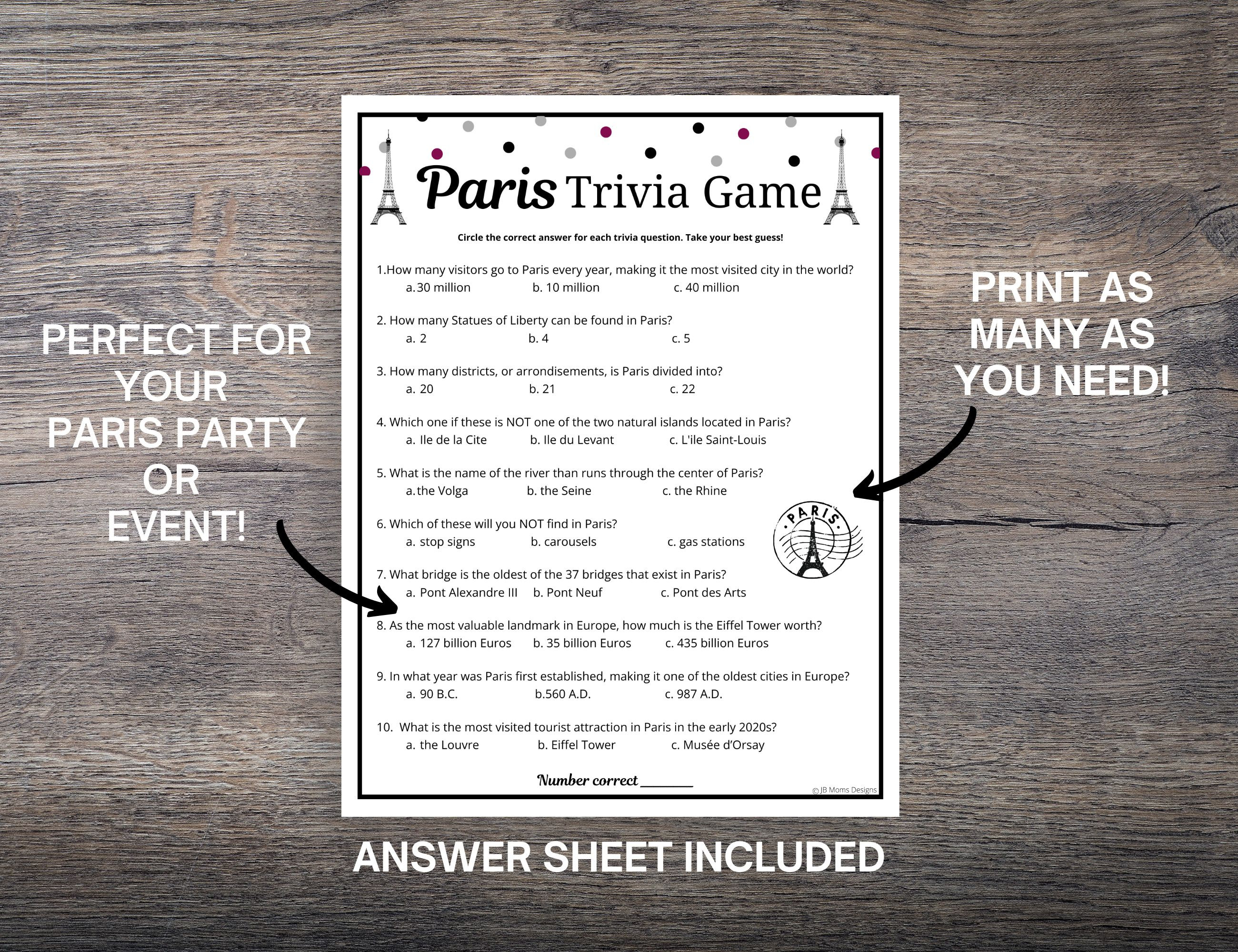 Paris Trivia Game: Fun French Party Quiz (digital Download) - Etsy