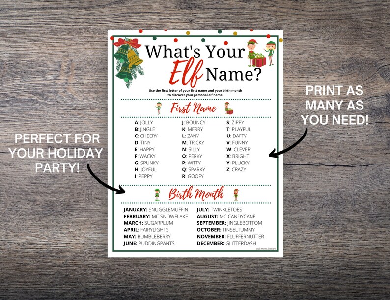 What's Your Elf Name? Holiday Game: Funny Christmas Party Activity (PDF ...