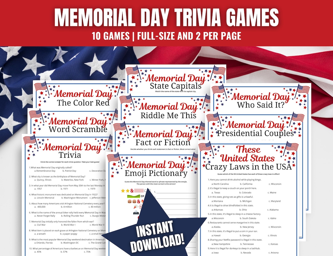 Memorial Day Trivia Game Bundle: 10 Patriotic Games (PDF) - Etsy
