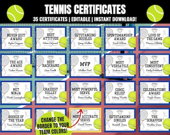 Tennis Award Certificates End of Season Printable Certificates - Etsy