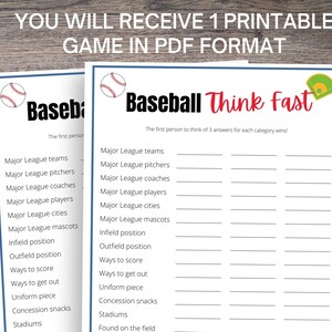 Baseball Think Fast Game, Baseball Party Printable Game, Baseball ...