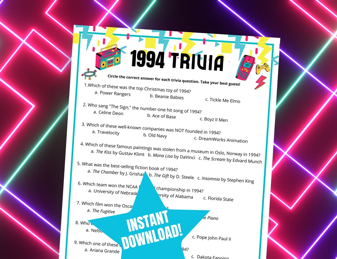 1994 Trivia Quiz Game for 30th Birthday, 30th Anniversary, or 30th ...