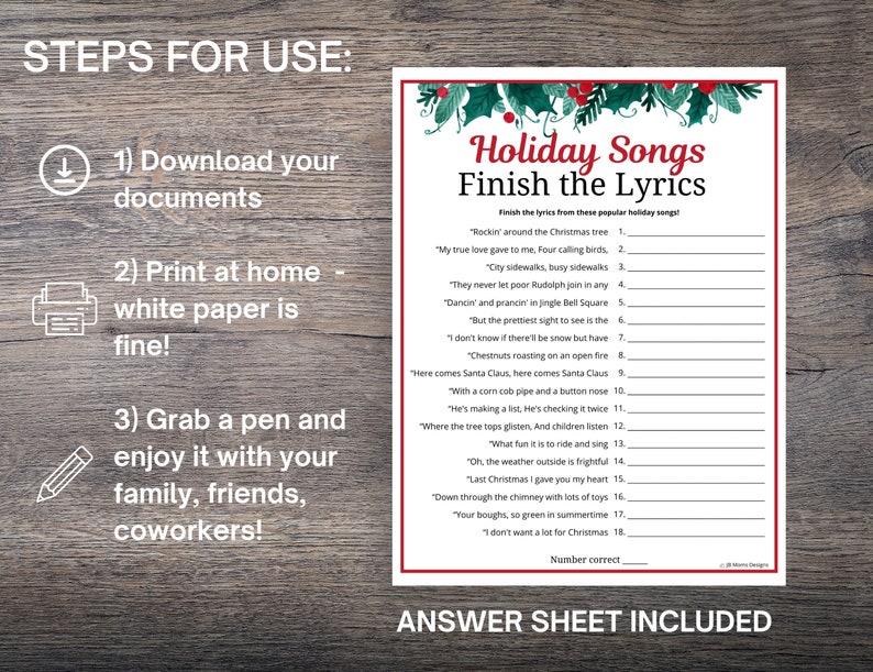 Christmas Song Lyrics Game: Holiday Party Fun Activity (printable PDF ...