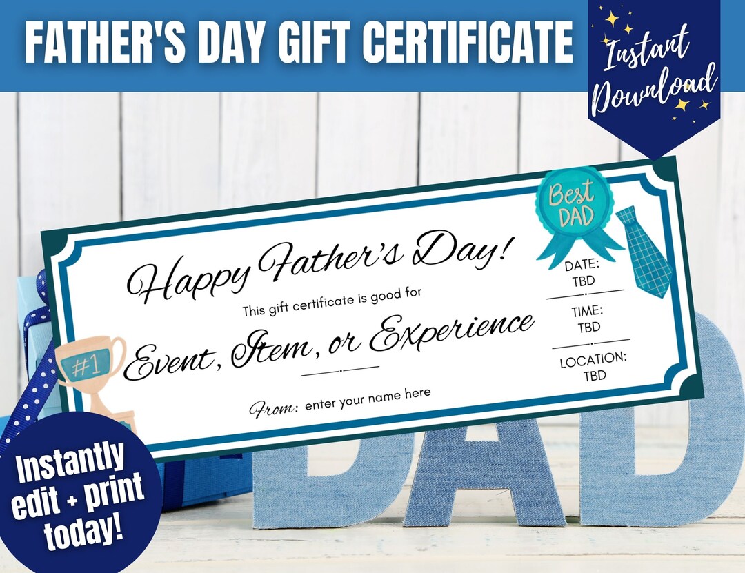 Editable Fathers Day Gift Certificate Template, Personalized Father's ...