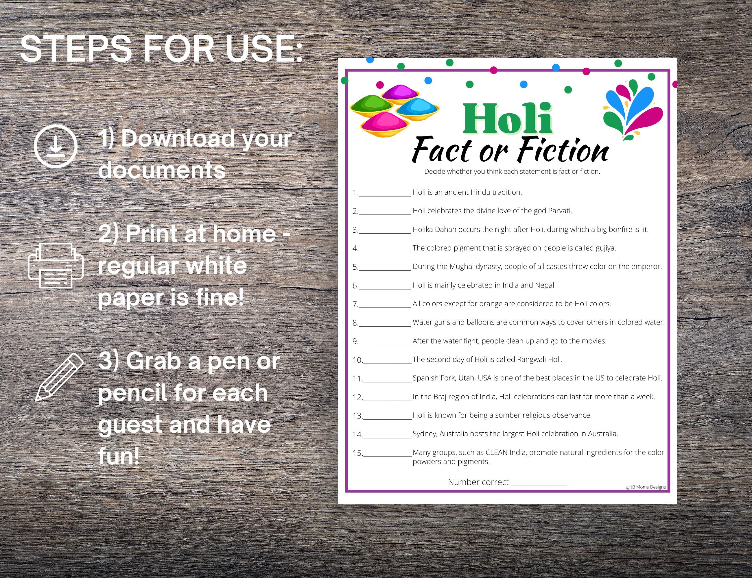 Holi Fact or Fiction Trivia Game Fun Holi Quiz Game How to - Etsy