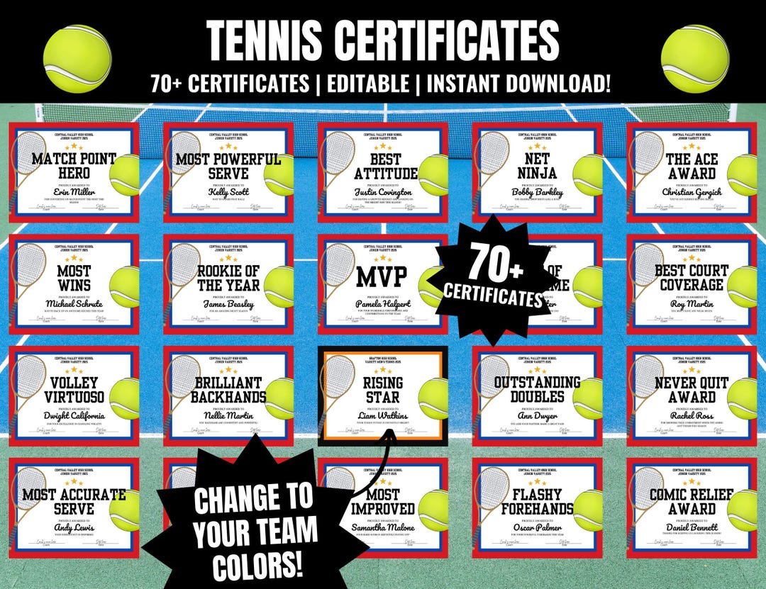 Editable Tennis Award Certificates: End of Season Team Party Awards ...