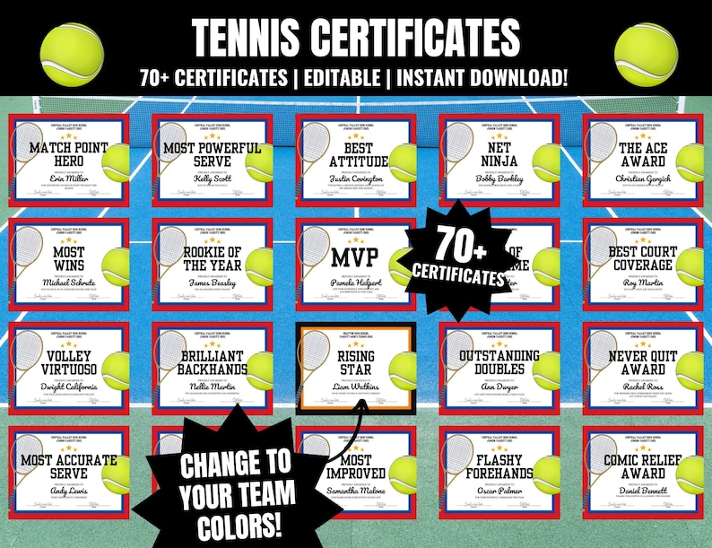 Editable Tennis Award Certificates: End of Season Team Party Awards ...