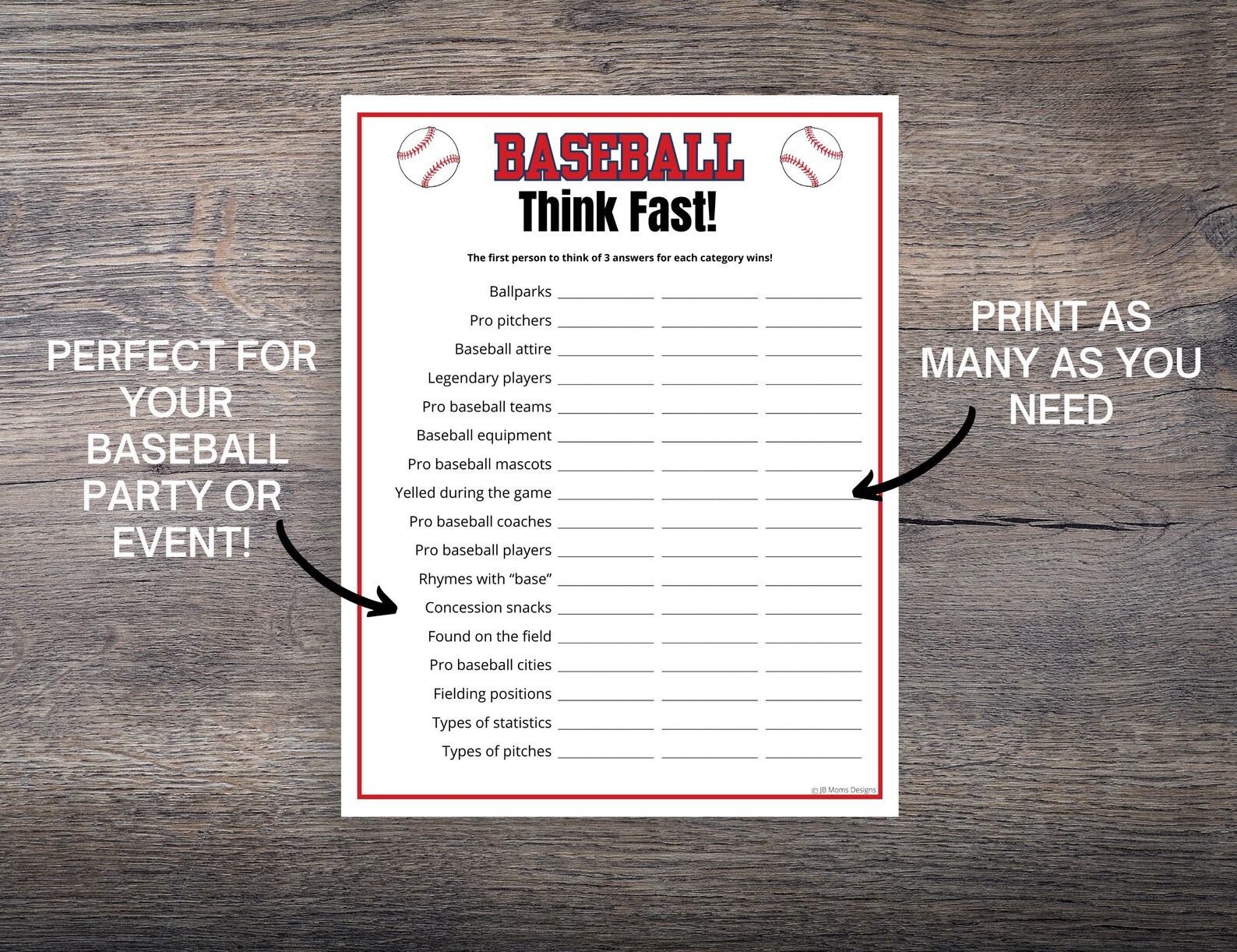 Baseball Think Fast Game, Baseball Party Printable Game, Baseball ...