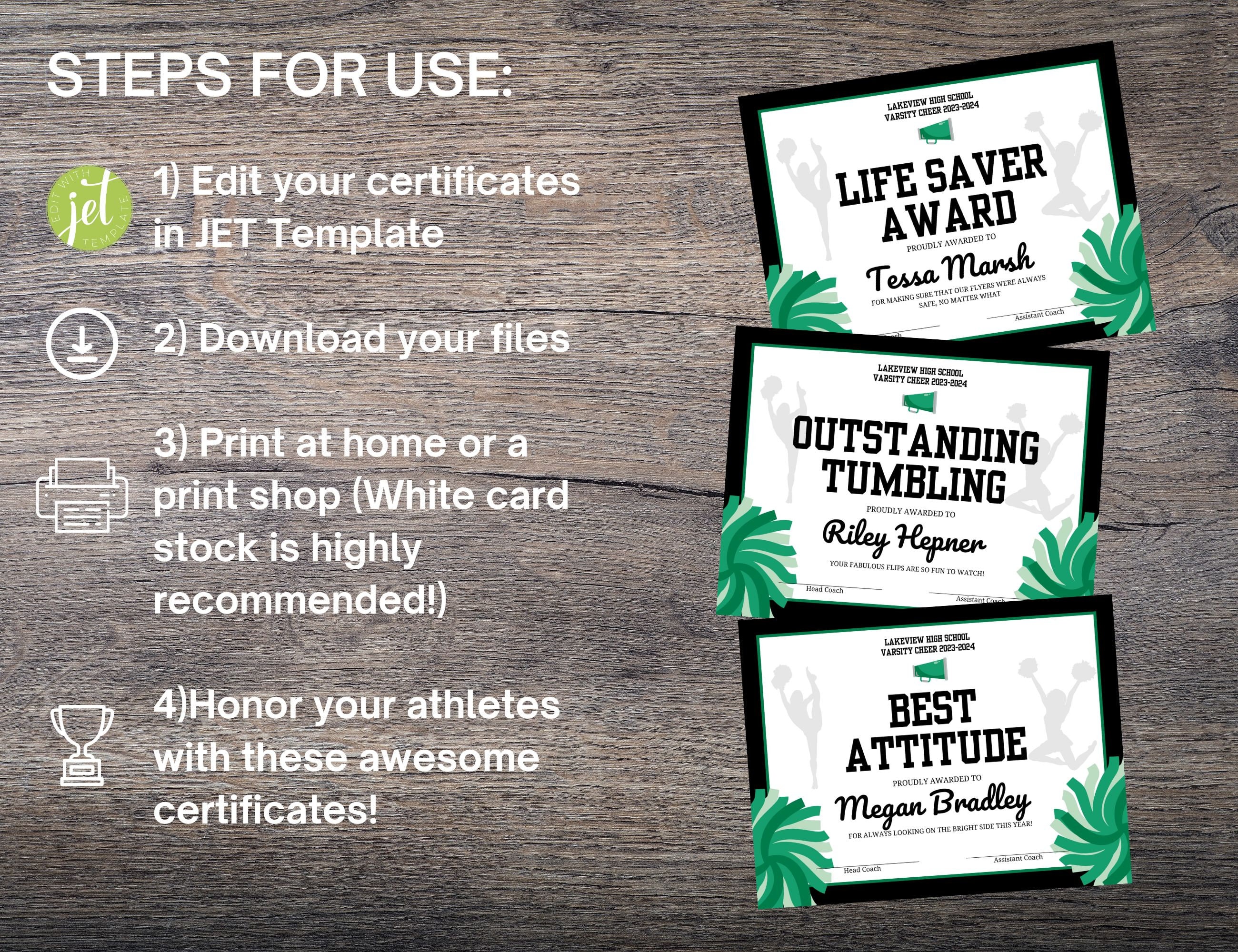 Editable Cheerleading Award Certificates: Team Awards With Green ...