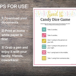 Sweet 16 Candy Dice Game, Sweet 16 Party Game Printable for Her, Sweet ...