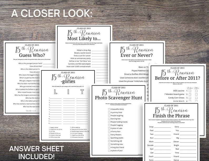 15th Class Reunion Party Games MEGA Bundle: 50 Printable Icebreaker ...