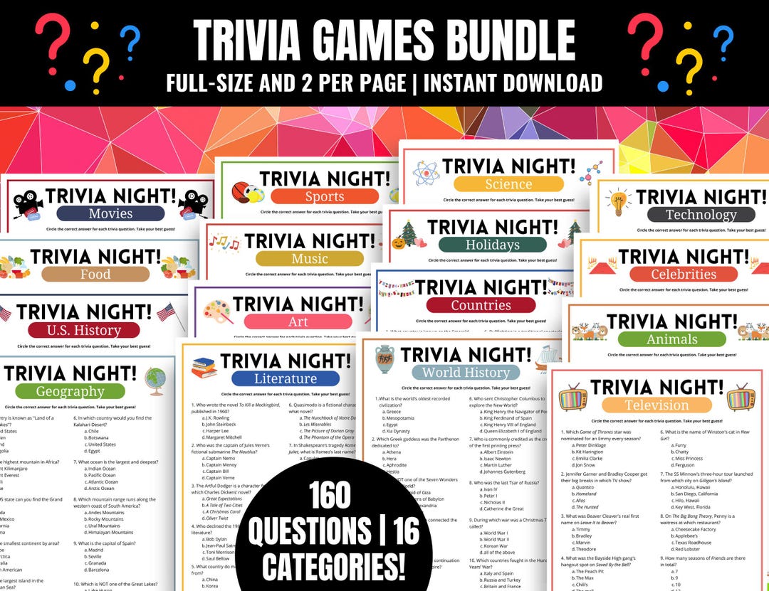 Printable Trivia Games MEGA Bundle: 16 Categories for Pub Trivia Night ...