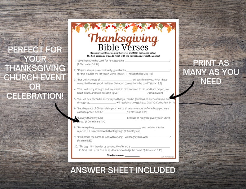 Thanksgiving Bible Verses Trivia Game: Christian Printable (digital ...