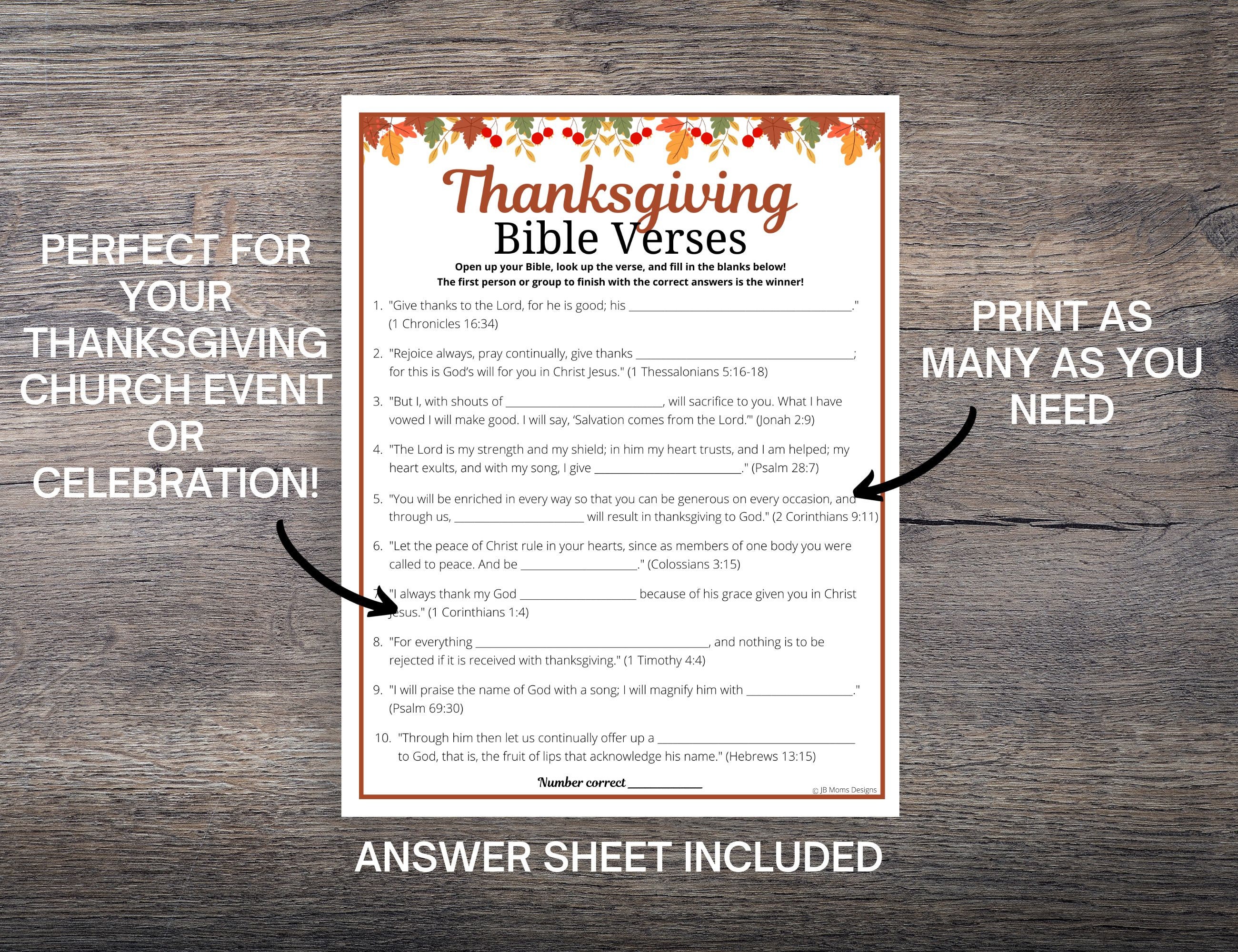 Thanksgiving Bible Verses Trivia Game: Christian Printable (digital ...