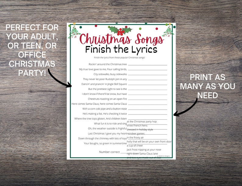 Christmas Song Finish The Lyrics Game For Adults Teens Etsy
