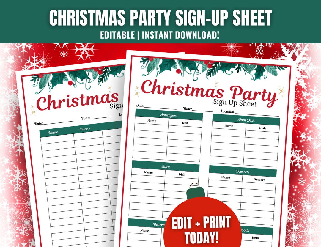 Christmas Party Potluck Sign-up Sheet (digital Download, Editable ...
