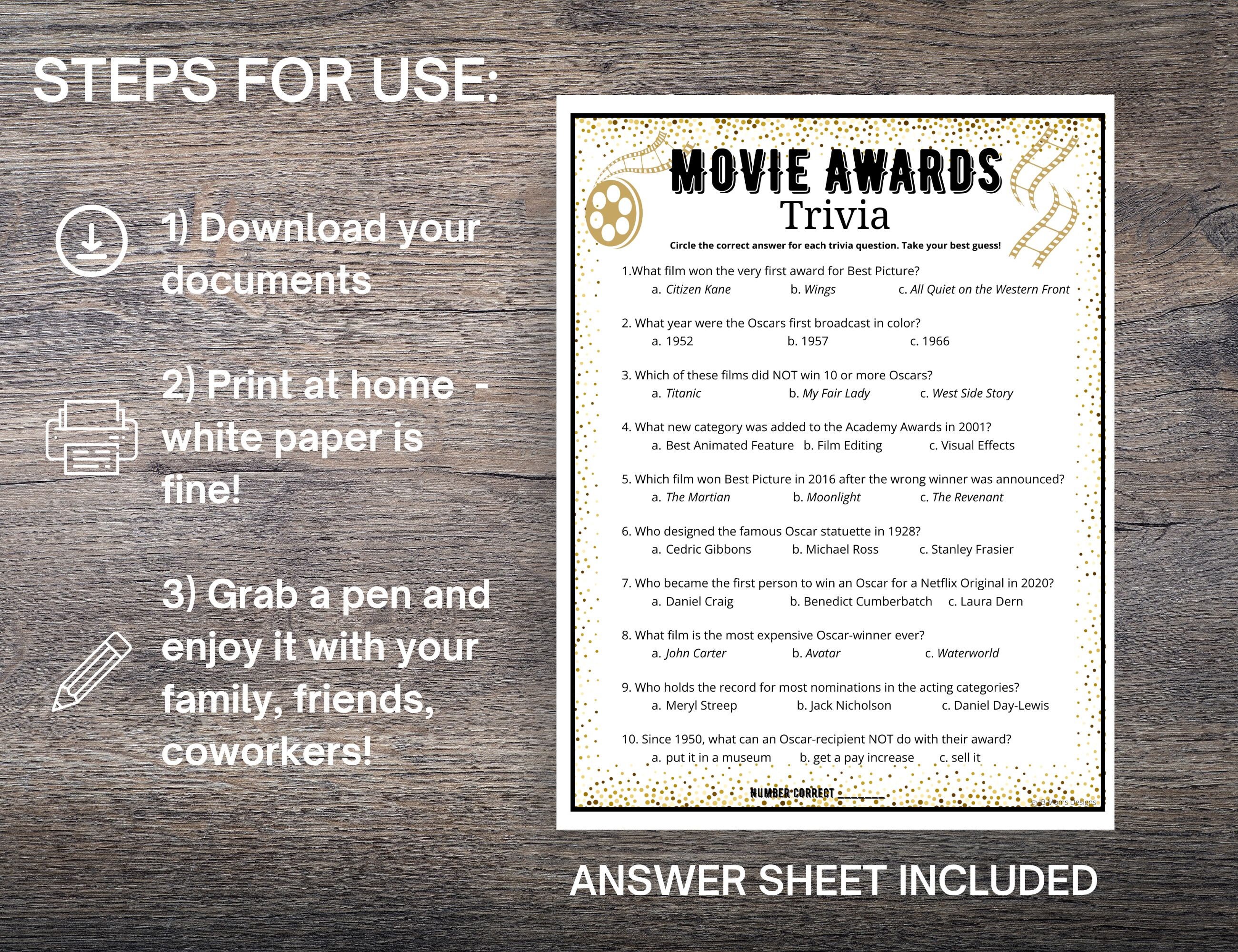 Movie Trivia Game: Hollywood Awards Party Quiz (digital Download) - Etsy