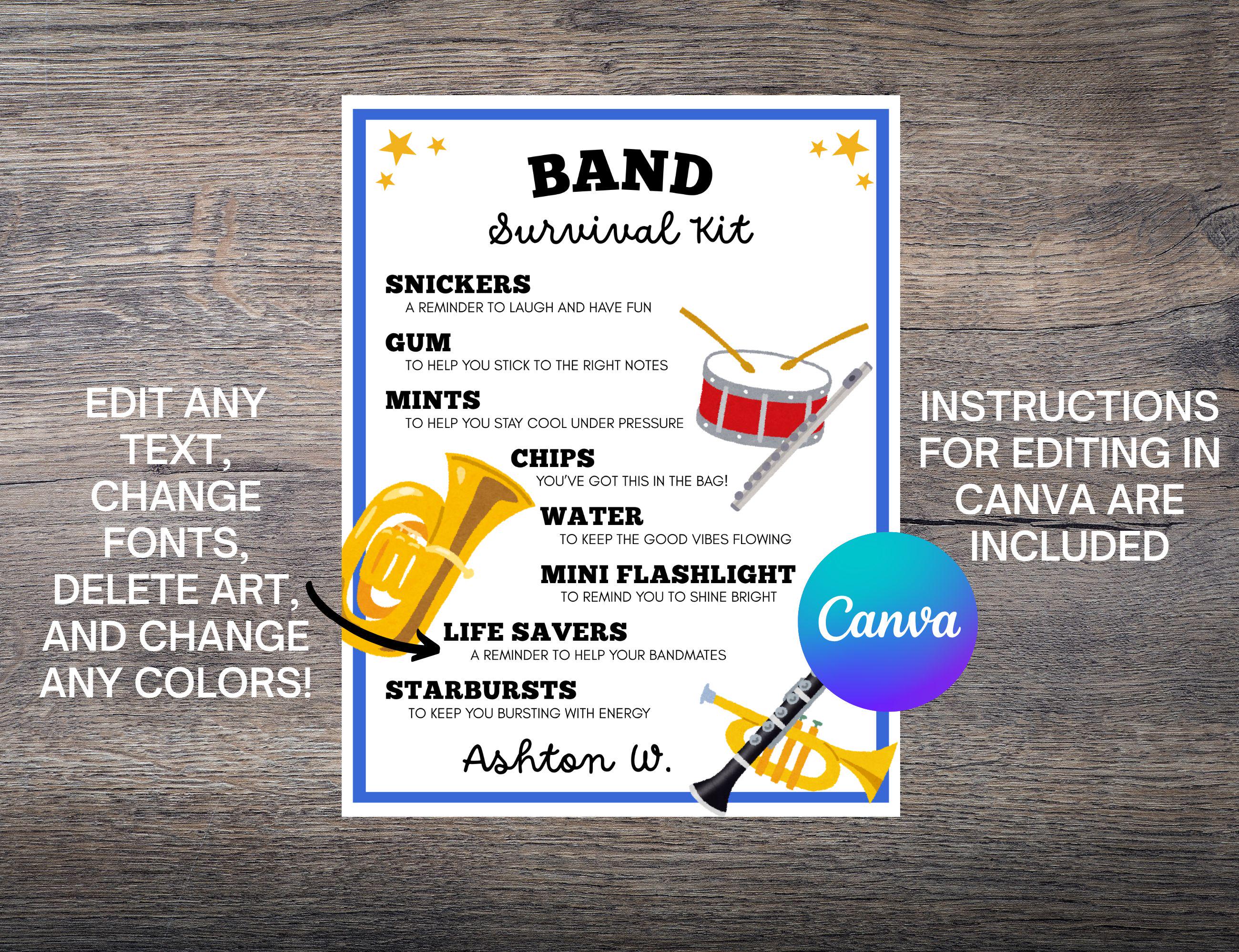 Editable Band Survival Kit Printable: Marching Band Gift Bag Tags ...