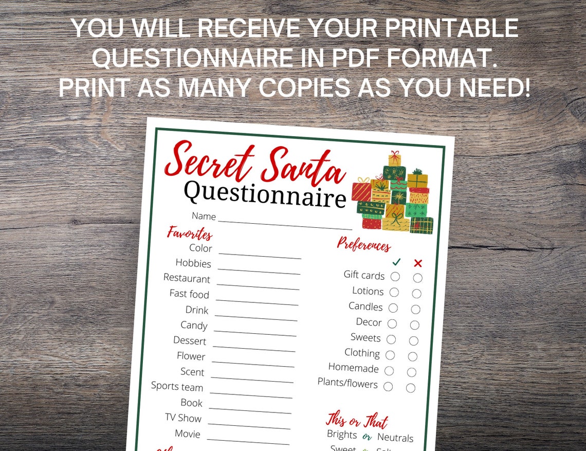 Secret Santa Questionnaire, Gift Exchange Form (digital Download) - Etsy