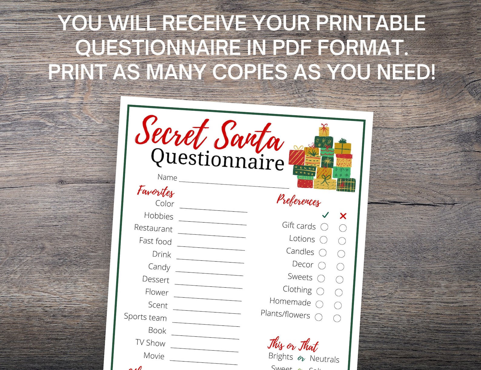 Secret Santa Questionnaire, Gift Exchange Form (digital Download) - Etsy