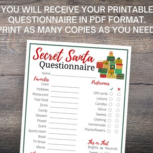 Secret Santa Questionnaire, Gift Exchange Form (digital Download) - Etsy