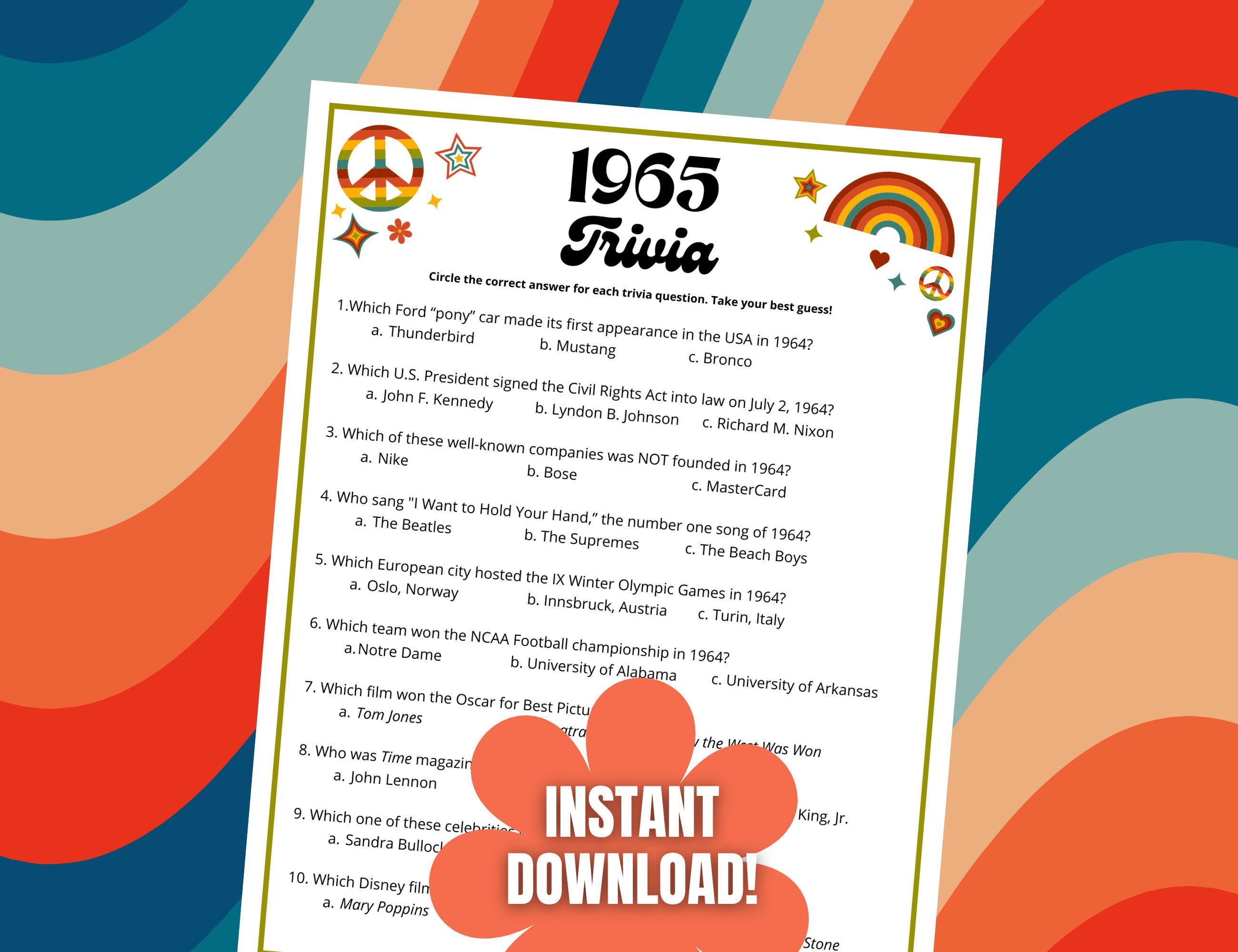 1965 Trivia Game: 60th Birthday or Anniversary Party Quiz (instant ...