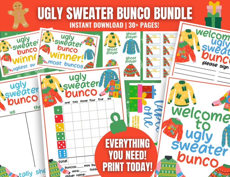 Ugly Sweater Bunco MEGA Bundle: Printable Holiday Scoresheets, Tally ...