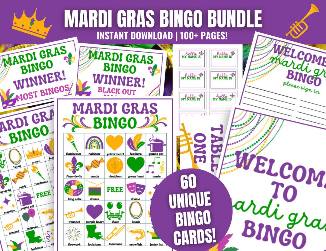 Mardi Gras Bingo MEGA Bundle: 60 Unique Cards (printable) - Etsy