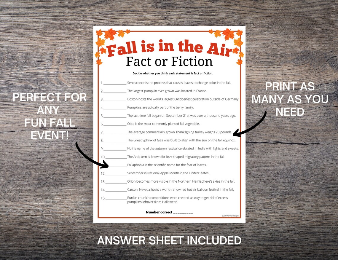 Fall Fact or Fiction Trivia Game: Printable Autumn Activity (PDF) - Etsy